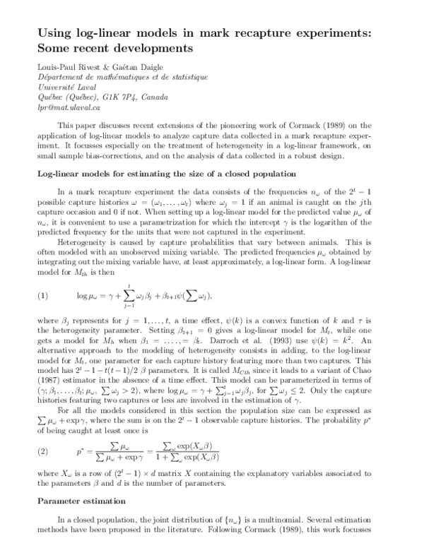 (PDF) Using log-linear models in mark recapture experiments: Some ...