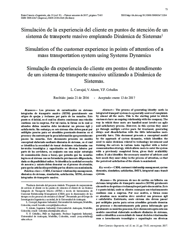 (PDF) Simulación de la experiencia del cliente en puntos de atención de un sistema de transporte ...