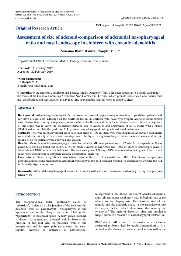 (PDF) Assessment of size of adenoid-comparison of adenoidal ...