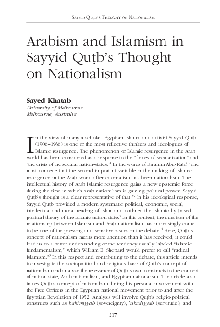 (PDF) Arabism and Islamism in Sayyid Qutb's Thought on Nationalism