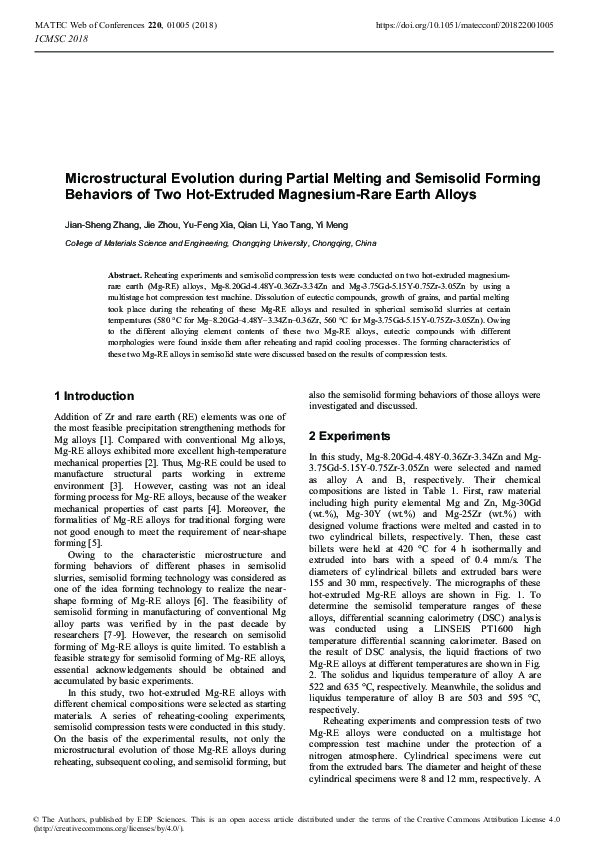 (PDF) Microstructural Evolution during Partial Melting and Semisolid Forming Behaviors of Two ...