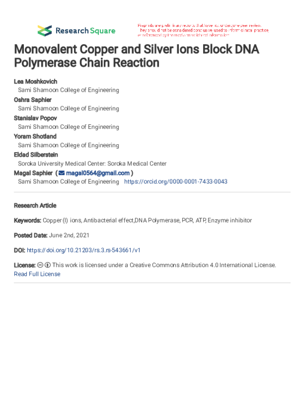 (PDF) Monovalent Copper and Silver Ions Block DNA Polymerase Chain Reaction