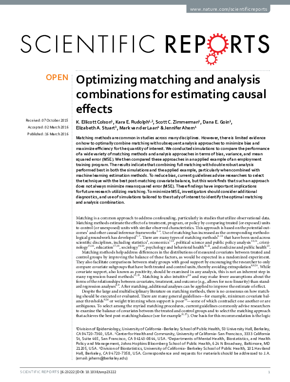 (PDF) Optimizing matching and analysis combinations for estimating causal effects