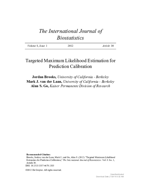 Pdf Targeted Maximum Likelihood Estimation For Prediction Calibration