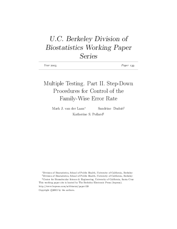 Pdf Multiple Testing Part Ii Step Down Procedures For Control Of