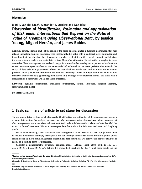 (PDF) Discussion of Identification, Estimation and Approximation of Risk under Interventions ...