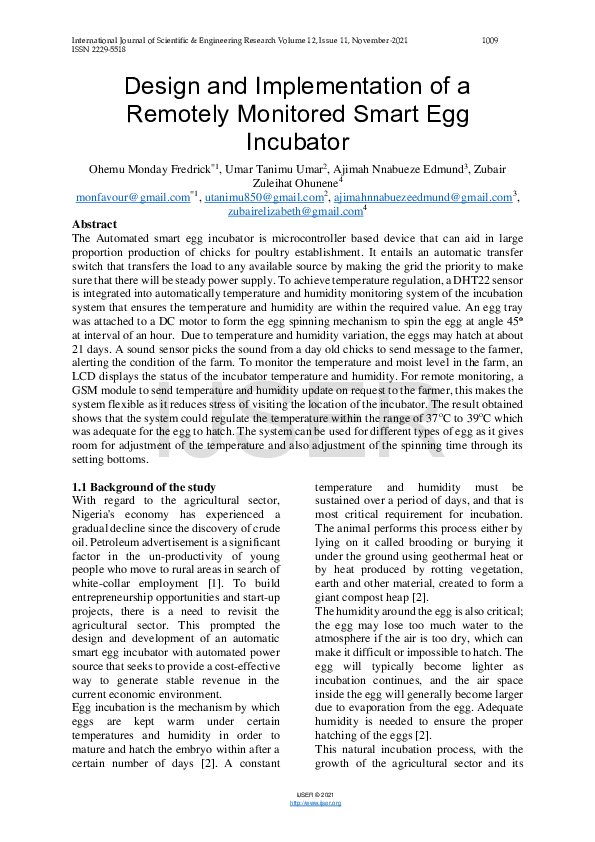 (PDF) Design and Implementation of a Remotely Monitored Smart Egg Incubator
