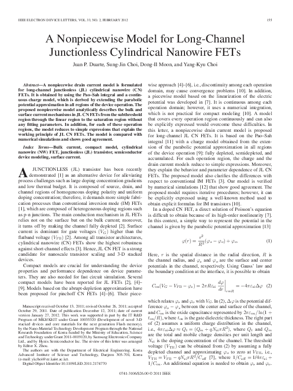 (PDF) A Nonpiecewise Model for Long-Channel Junctionless Cylindrical Nanowire FETs