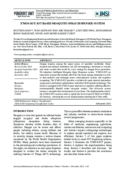 (PDF) X’Mos-Iot: Iot Based Mosquito Spray Dispenser System