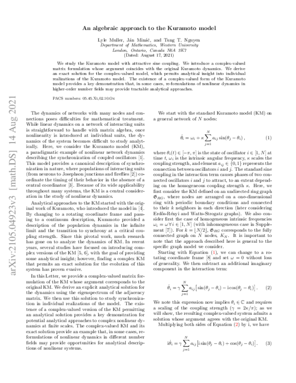 Pdf Algebraic Approach To The Kuramoto Model