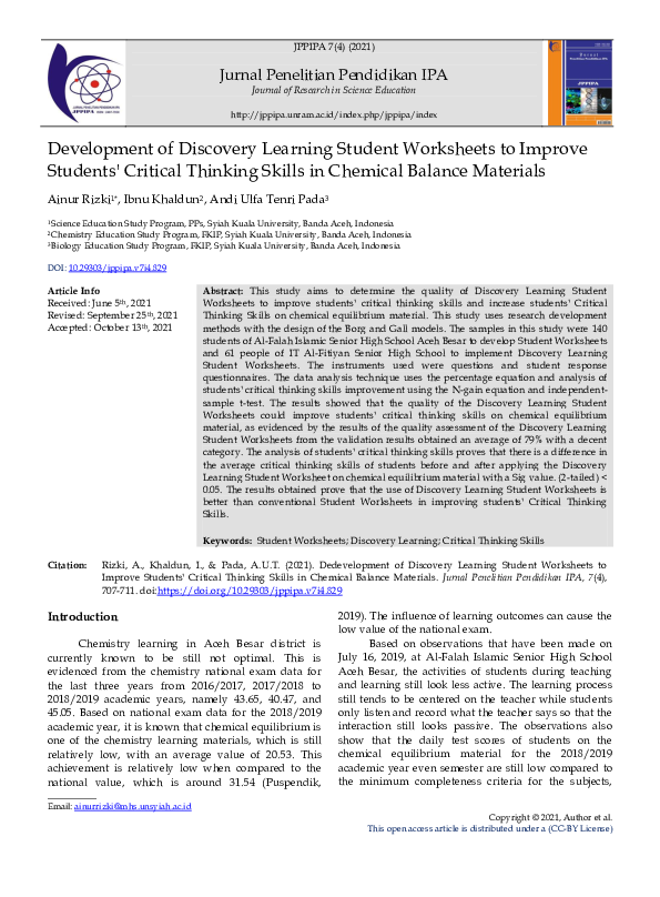 (PDF) Development of Discovery Learning Student Worksheets to Improve Students' Critical ...