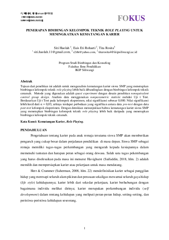 (PDF) Penerapan Bimbingan Kelompok Teknik Role Playing Untuk Meningkatkan Kematangan Karier