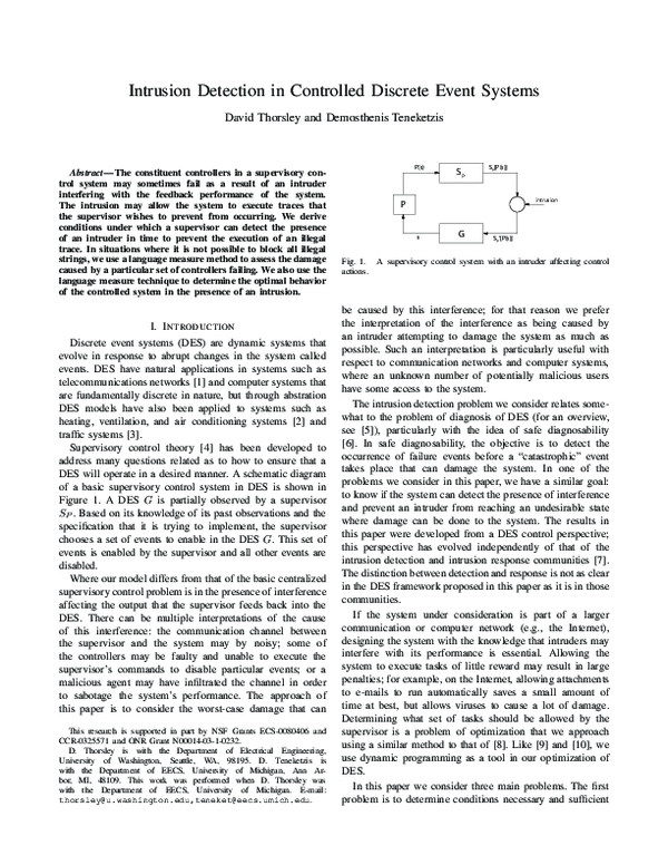 (PDF) Intrusion Detection in Controlled Discrete Event Systems
