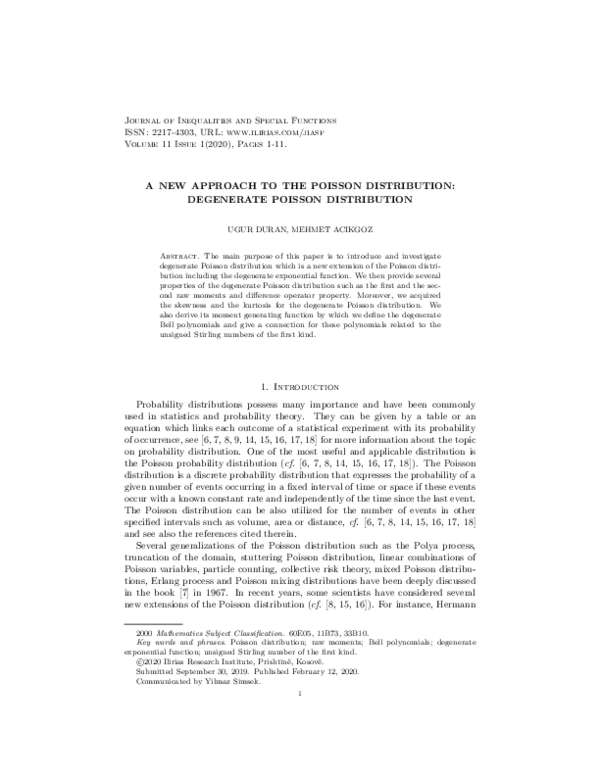 (PDF) A NEW APPROACH TO THE POISSON DISTRIBUTION: DEGENERATE POISSON ...