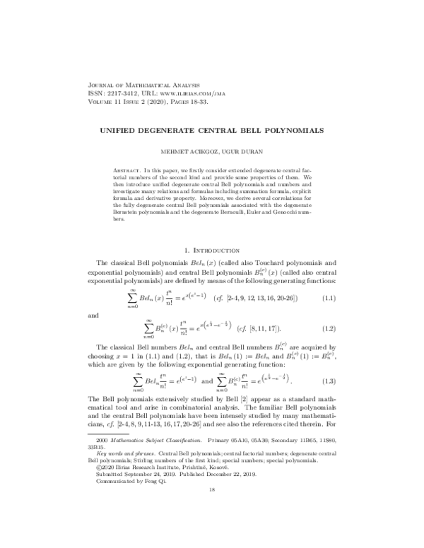 (PDF) UNIFIED DEGENERATE CENTRAL BELL POLYNOMIALS