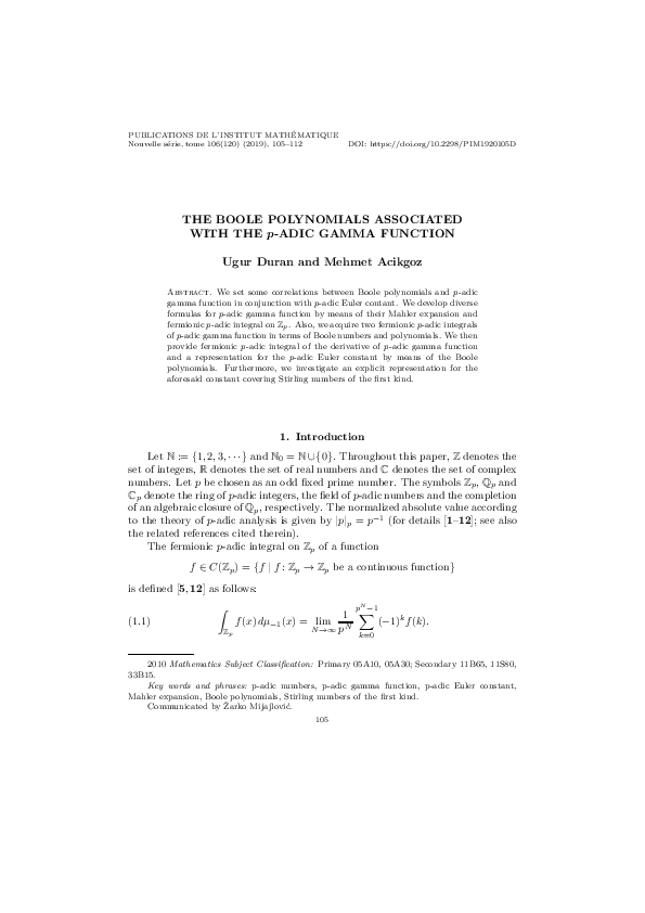(PDF) ON MAHLER EXPANSION OF p-ADIC GAMMA FUNCTION AFFILIATED WITH THE q-BOOLE POLYNOMIALS ...