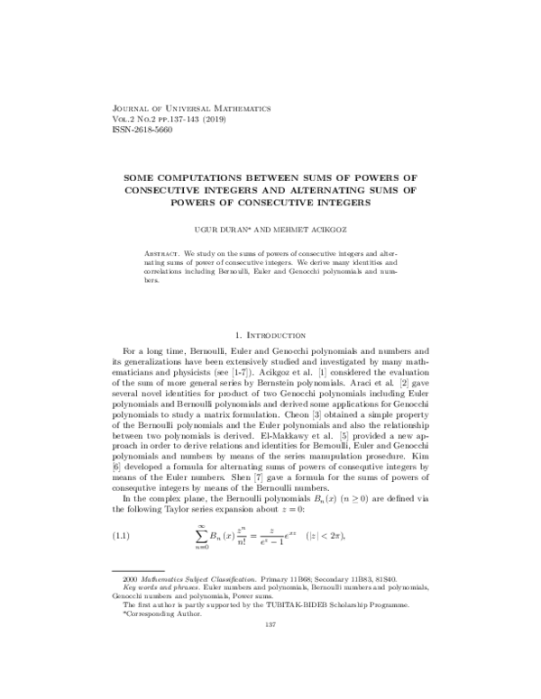 (PDF) SOME COMPUTATIONS BETWEEN SUMS OF POWERS OF CONSECUTIVE INTEGERS AND ALTERNATING SUMS OF ...