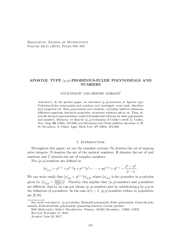 (PDF) APOSTOL TYPE (p, q)-FROBENIUS-EULER POLYNOMIALS AND NUMBERS