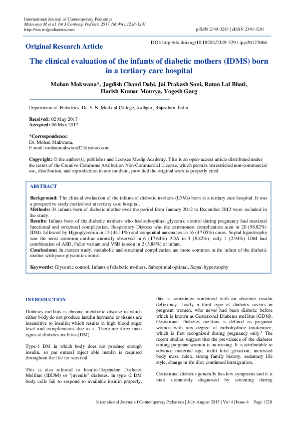 (PDF) The clinical evaluation of the infants of diabetic mothers (IDMS ...