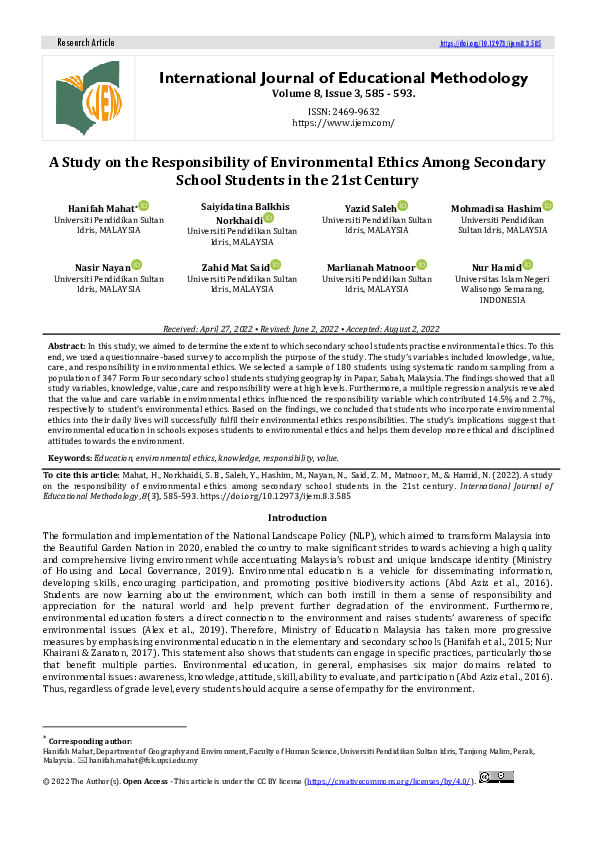 (PDF) A Study on the Responsibility of Environmental Ethics Among ...
