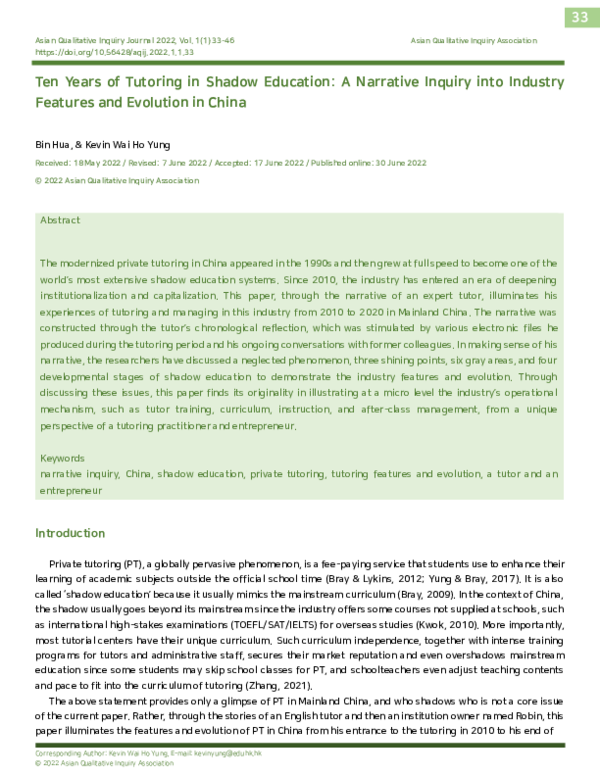 (PDF) Ten Years of Tutoring in Shadow Education: A Narrative Inquiry into Industry Features and ...