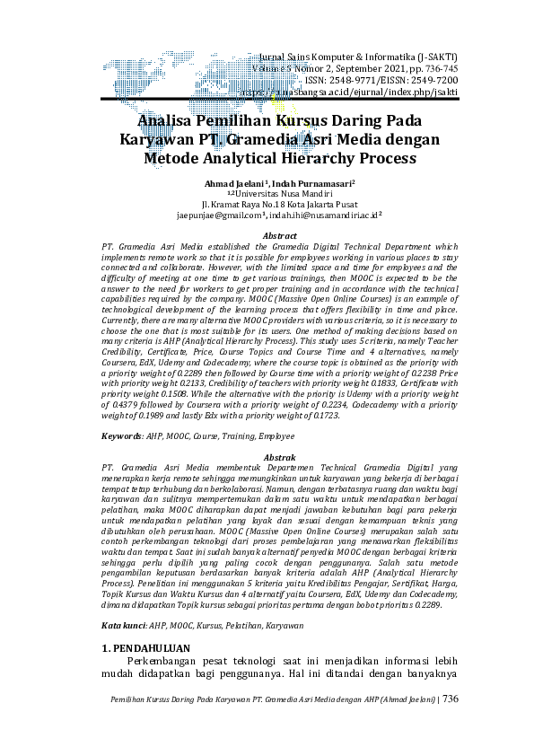 (PDF) Analisa Pemilihan Kursus Daring Pada Karyawan PT. Gramedia Asri Media dengan Metode ...