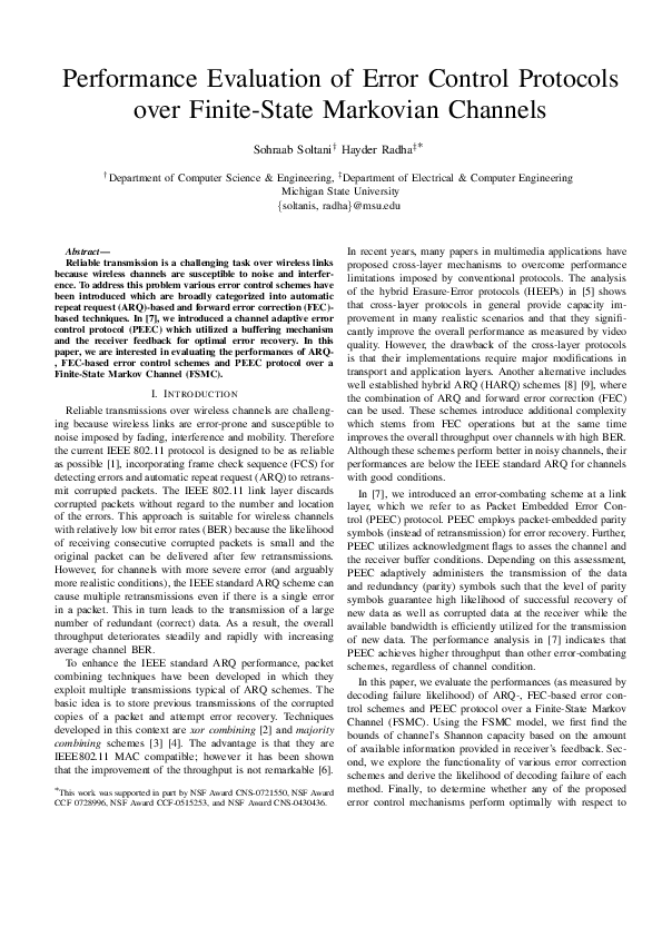 (PDF) Performance evaluation of error control protocols over finite-state Markovian channels
