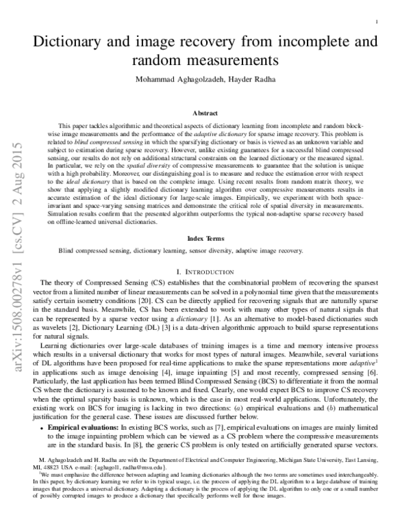 (PDF) Dictionary and Image Recovery from Incomplete and Random Measurements