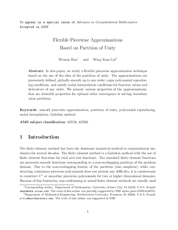 Pdf Flexible Piecewise Approximations Based On Partition Of Unity