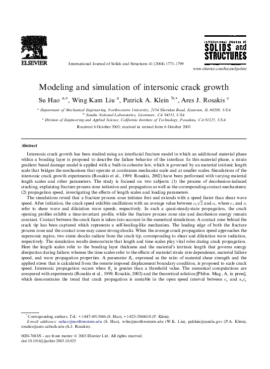(PDF) Modeling and simulation of intersonic crack growth