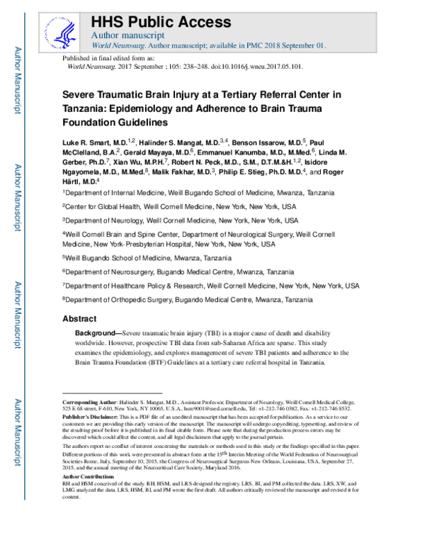 (PDF) Severe Traumatic Brain Injury at a Tertiary Referral Center in ...