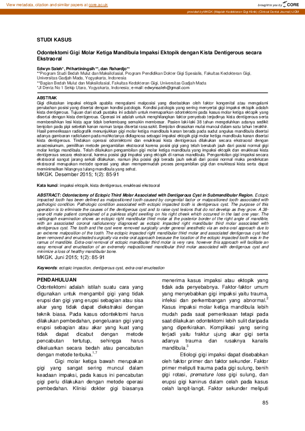 (PDF) Odontektomi Gigi Molar Ketiga Mandibula Impaksi Ektopik dengan ...