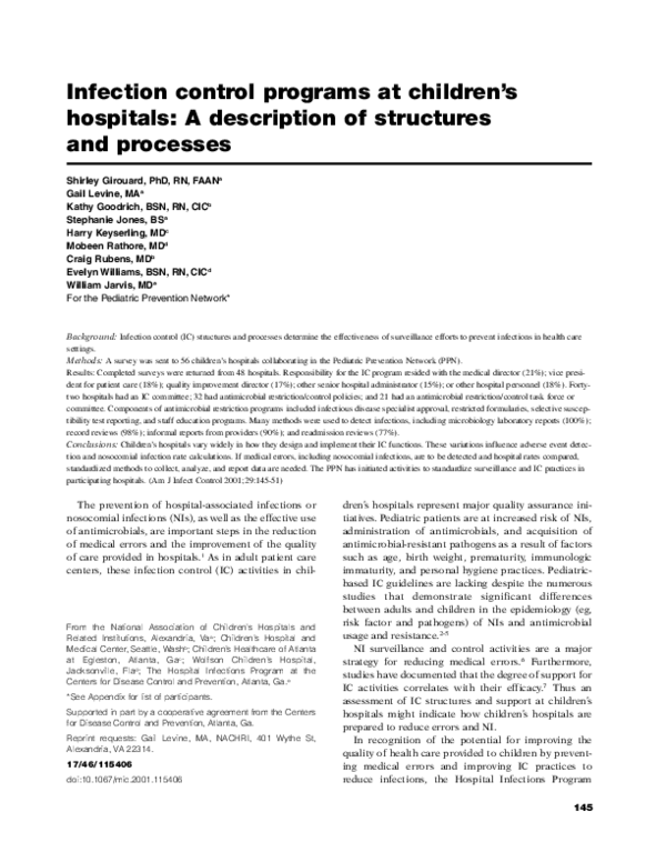 (PDF) Infection control programs at children’s hospitals: A description ...