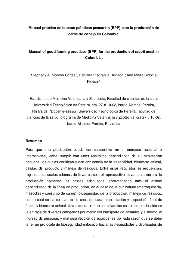 (PDF) Manual práctico de buenas prácticas pecuarias (BPP) para la producción de carne de conejo ...