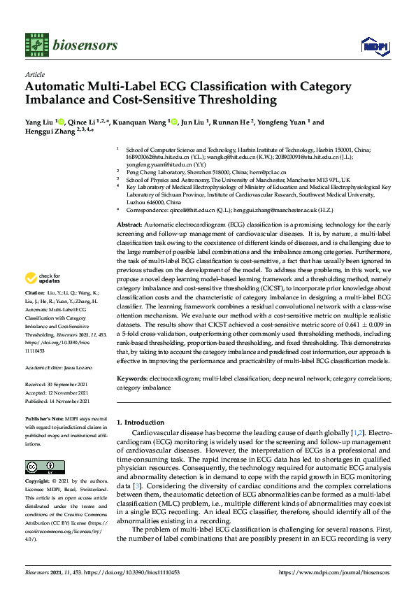 (PDF) Automatic Multi-Label ECG Classification with Category Imbalance and Cost-Sensitive ...
