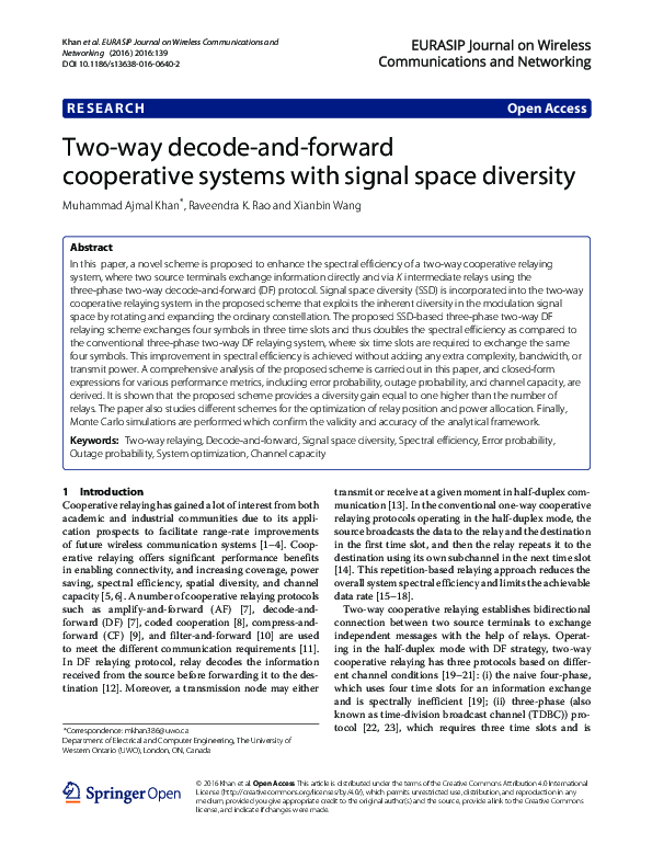 Pdf Two Way Decode And Forward Cooperative Systems With Signal Space Diversity