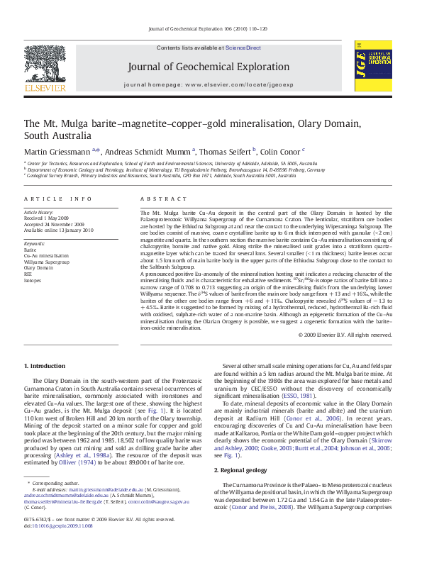 (PDF) The Mt. Mulga barite–magnetite–copper–gold mineralisation, Olary ...