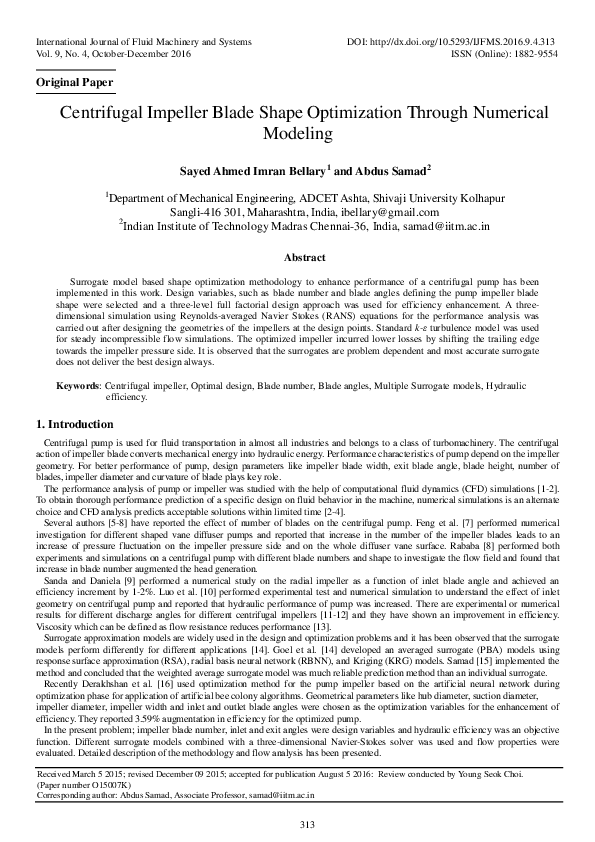 Pdf Centrifugal Impeller Blade Shape Optimization Through Numerical Modeling Abdus Samad