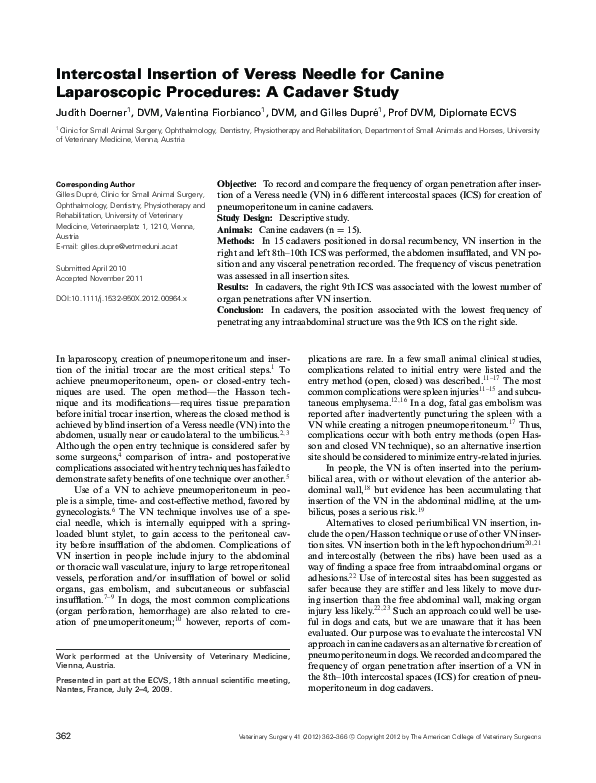 (PDF) Intercostal Insertion of Veress Needle for Canine Laparoscopic Procedures: A Cadaver Study