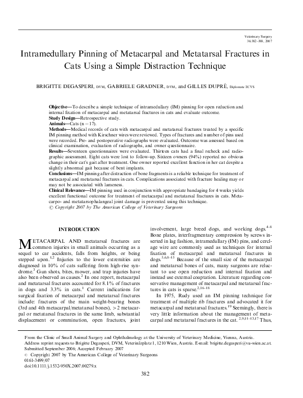 (PDF) Intramedullary Pinning of Metacarpal and Metatarsal Fractures in ...
