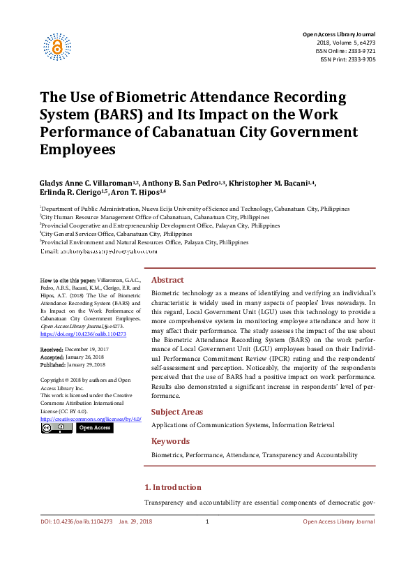 (PDF) The Use of Biometric Attendance Recording System (BARS) and Its ...