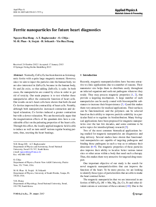 (PDF) Ferrite nanoparticles for future heart diagnostics | O. Ciftja - Academia.edu