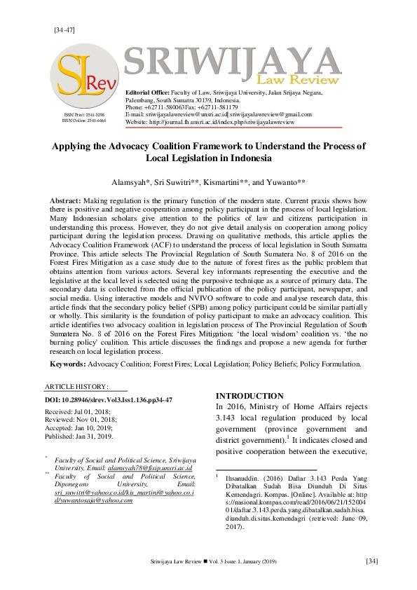 (PDF) Applying the Advocacy Coalition Framework to Understand the Process of Local Legislation ...