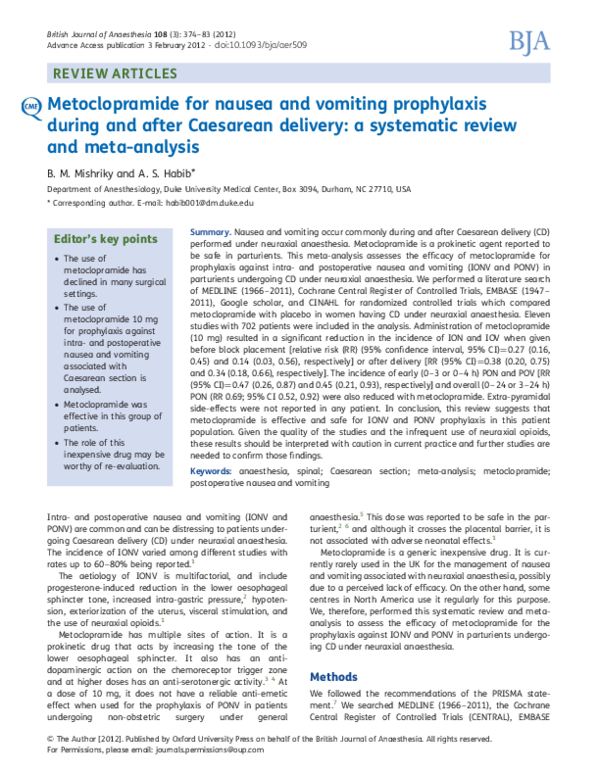 (PDF) Metoclopramide for nausea and vomiting prophylaxis during and ...