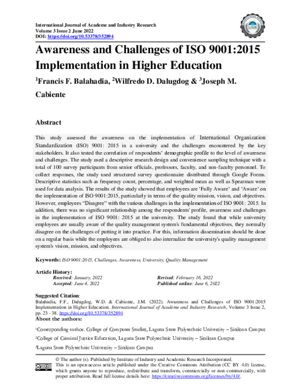 (PDF) Awareness and Challenges of ISO 9001:2015 Implementation in ...