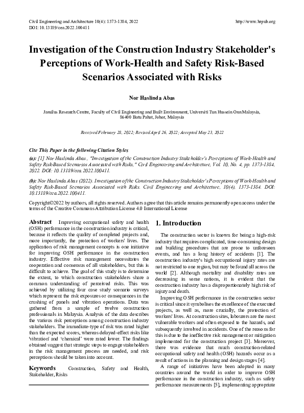 (PDF) Investigation of the Construction Industry Stakeholder's Perceptions of Work-Health and ...