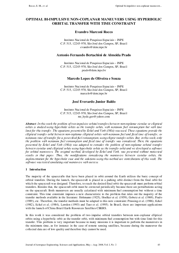 (PDF) Optimal bi-impulsive non-coplanar maneuvers using hyperbolic orbital transfer with time ...