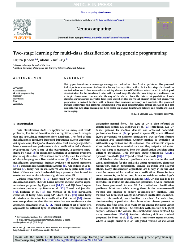 Pdf Two Stage Learning For Multi Class Classification Using Genetic Programming Abdul Rauf