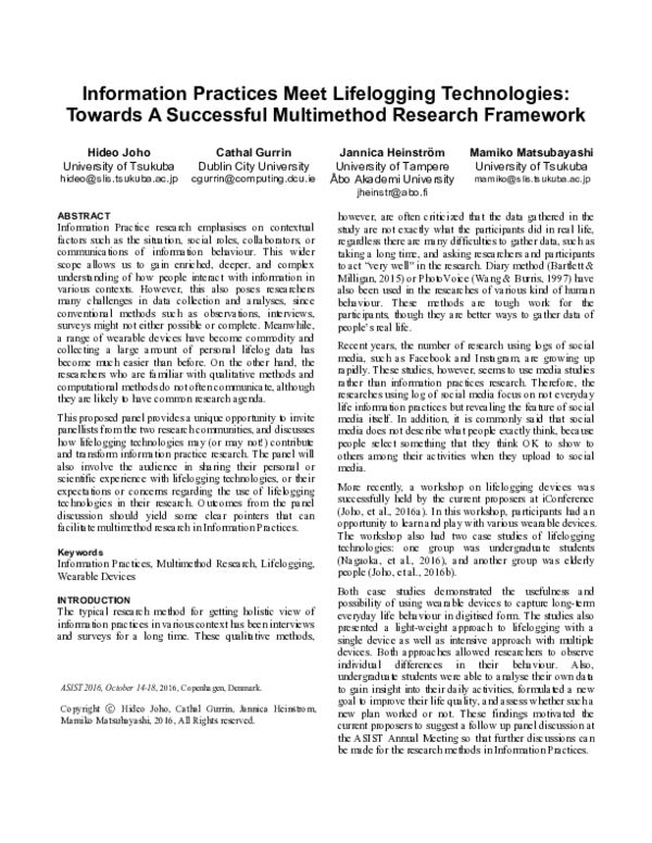 (PDF) Information practices meet lifelogging technologies: Towards a ...