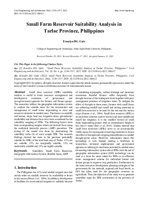 (PDF) Small Farm Reservoir Suitability Analysis in Tarlac Province ...
